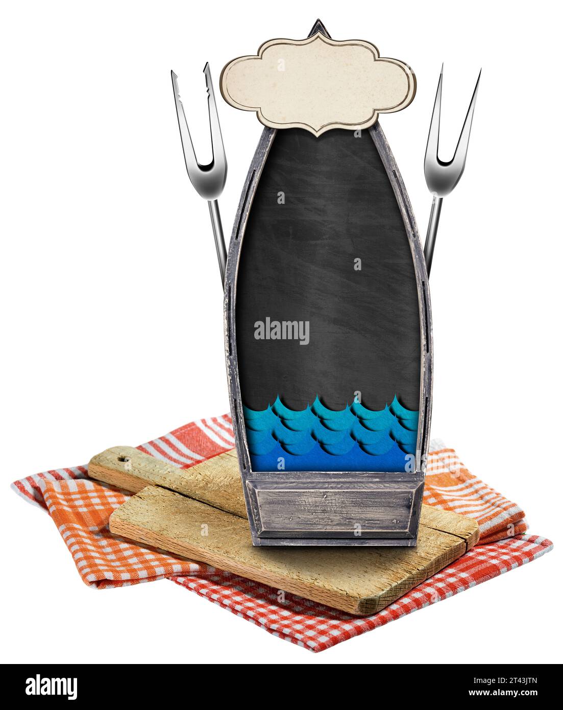 Template of a restaurant menu in the shape of a wooden boat with empty ...