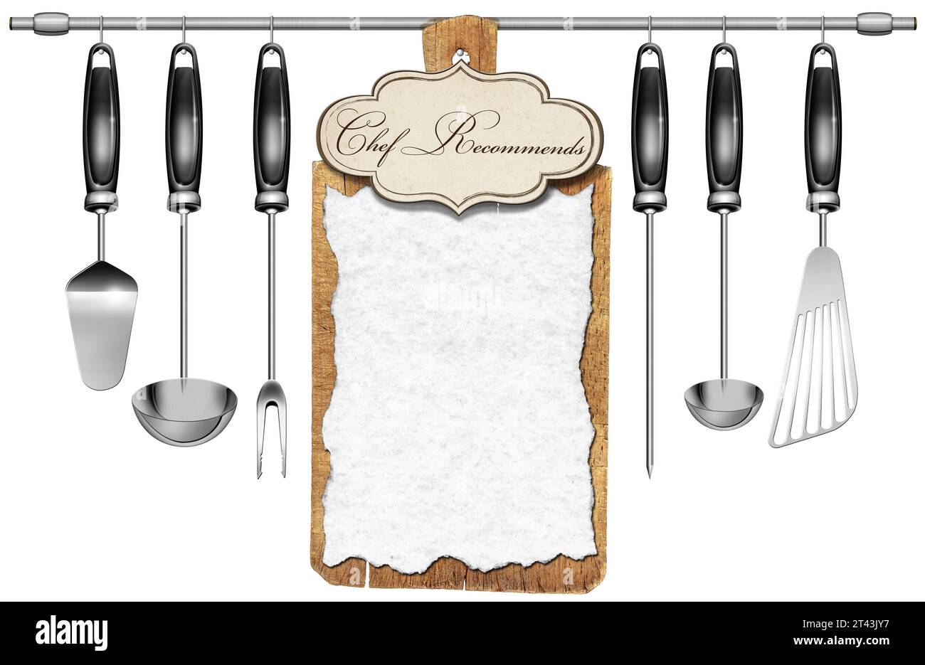 Kitchen utensils hanging on a pole and a wooden cutting board with ...