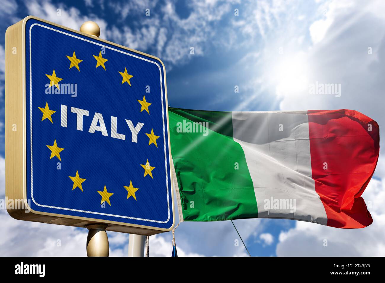 Closeup of a modern Italian border road sign with the Italian and ...