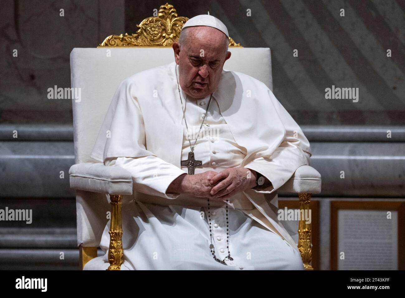 Pope Francis holds a rosary during the prayer service for Peace. Amid ...