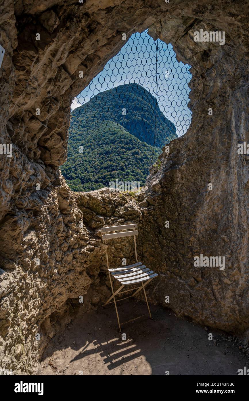 View from the upper fort of the Vuache mountain, a chair in an ...