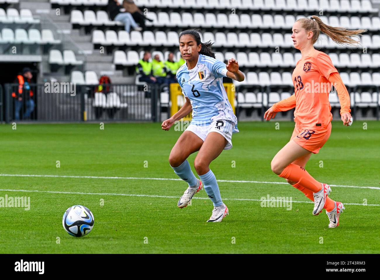 Axelle Van Besauw (6) of Belgium and Robine Lacroix (18) of the Netherlands pictured during a ...
