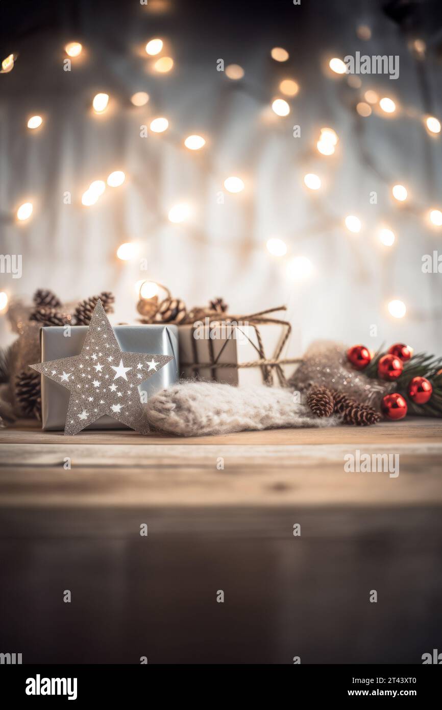 A festive gift box with festive Christmas decorations surrounding it ...