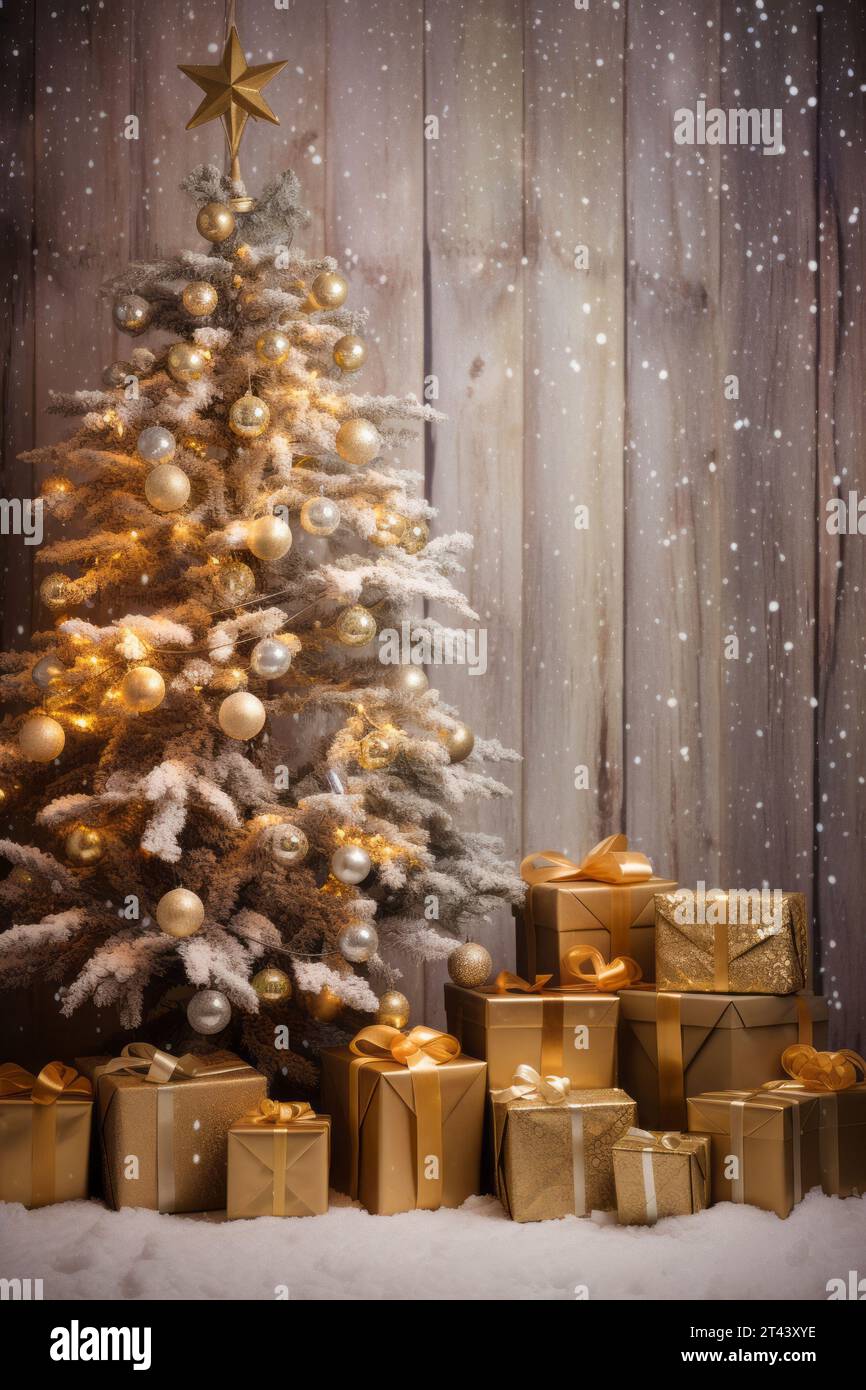 A festive scene of holiday presents stacked in front of a decorated ...