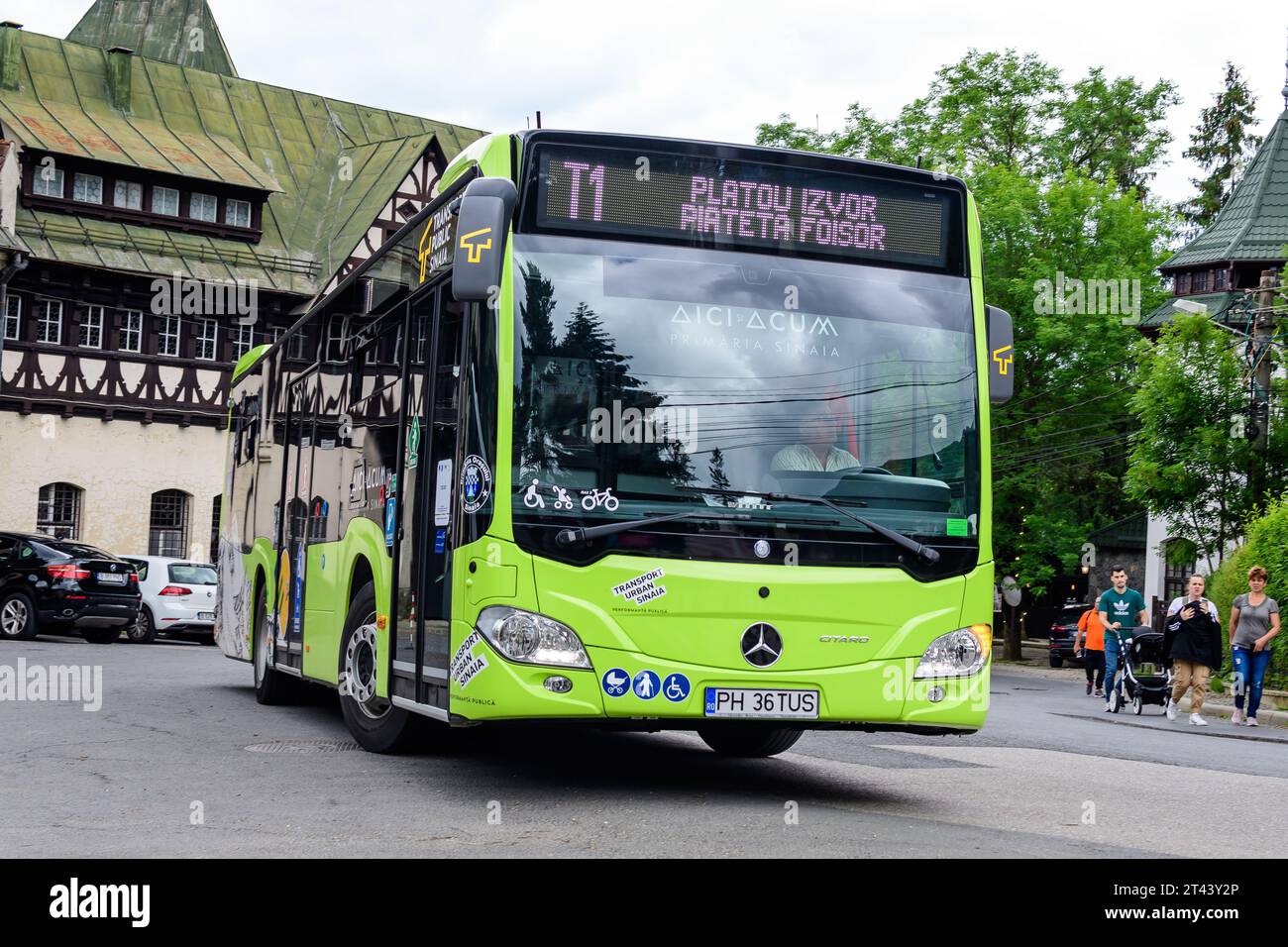 Sinaia, Romania - 3 July 2021: Green bus for the public transportation ...