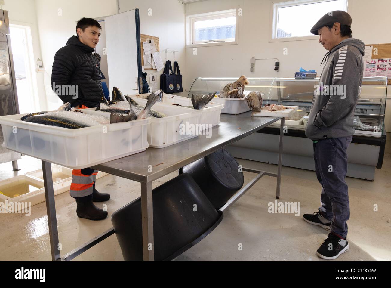 Inuit lifestyle; Inuit man buying fish in a fish store or fish shop ...