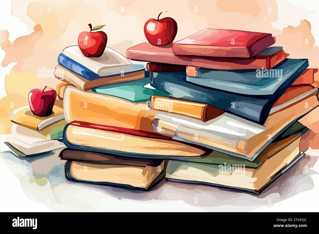 Watercolor school background Vintage books stacks and school supplies ...