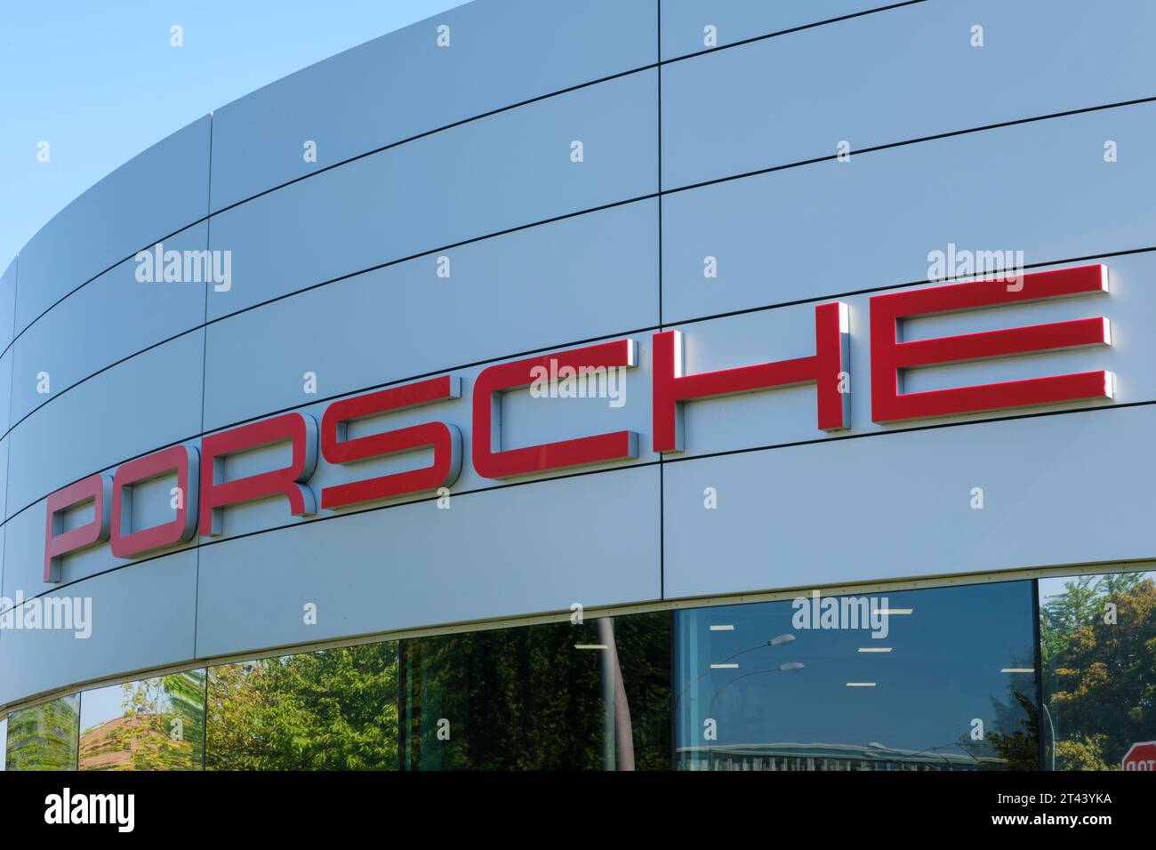 Porsche, Writing at the Porsche center Essen Stock Photo - Alamy