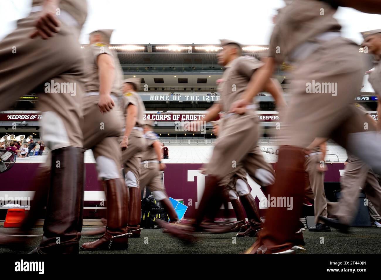 Members of the Texas A&M Corps of Cadets march around Kyle Field before ...
