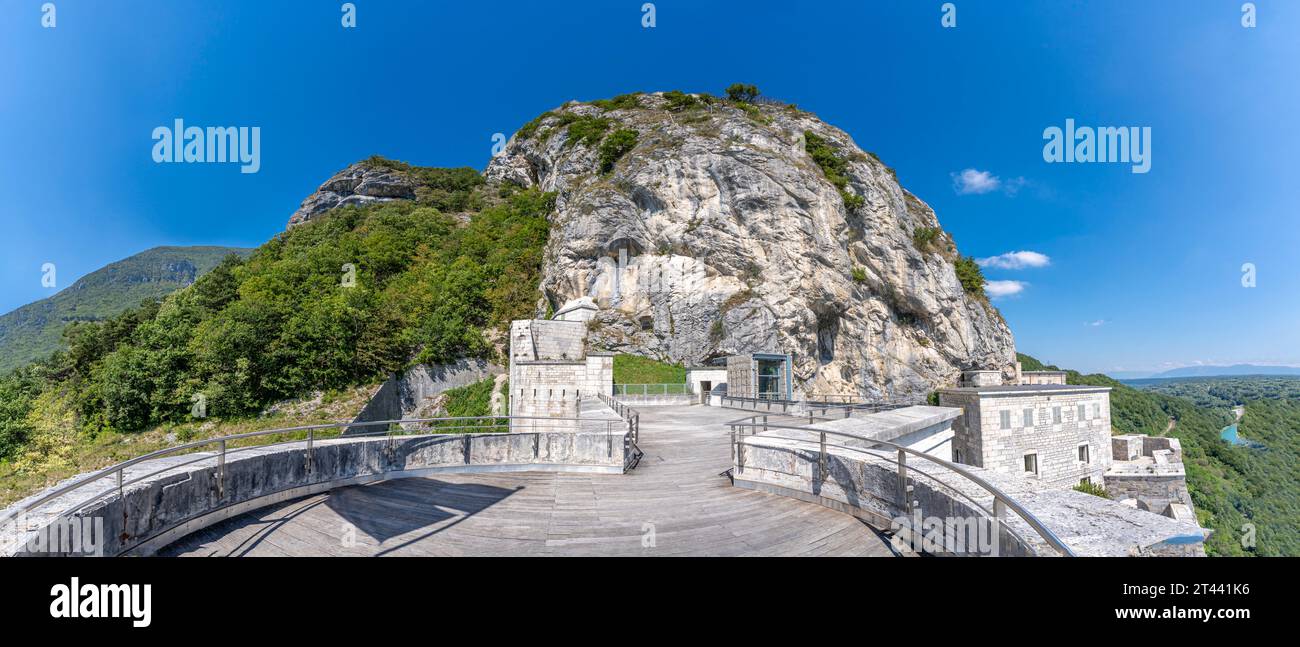 View of the upper fort courtyard, the plain, the Rhone river and the ...