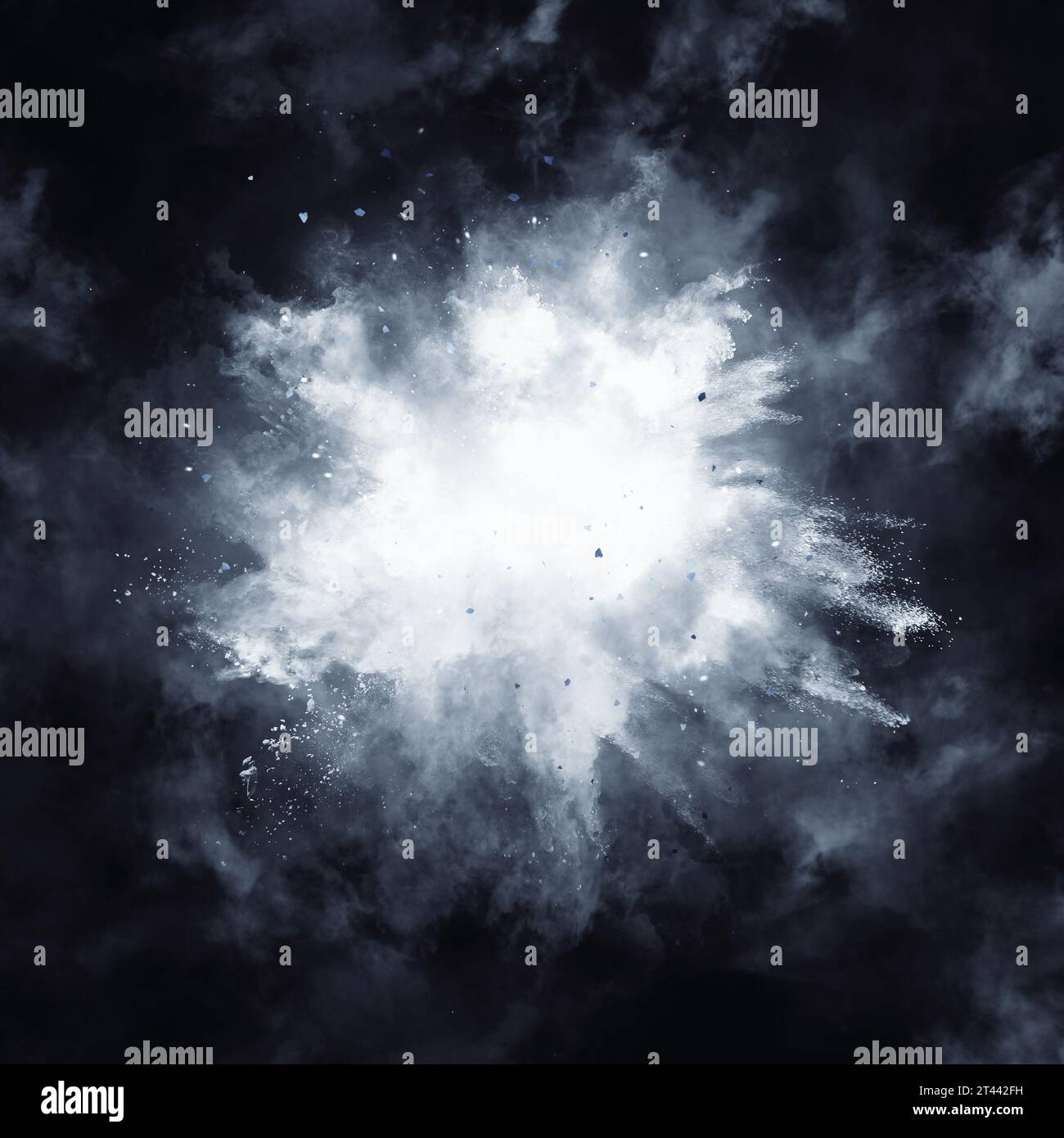 Abstract white powder explosion isolated on black background. High ...