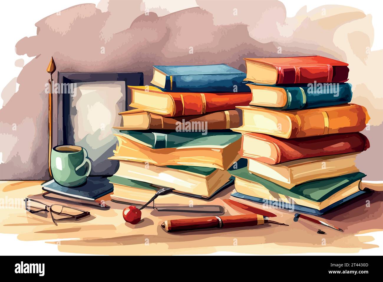 Vintage books stacks and school supplies. Watercolor hand painted ...