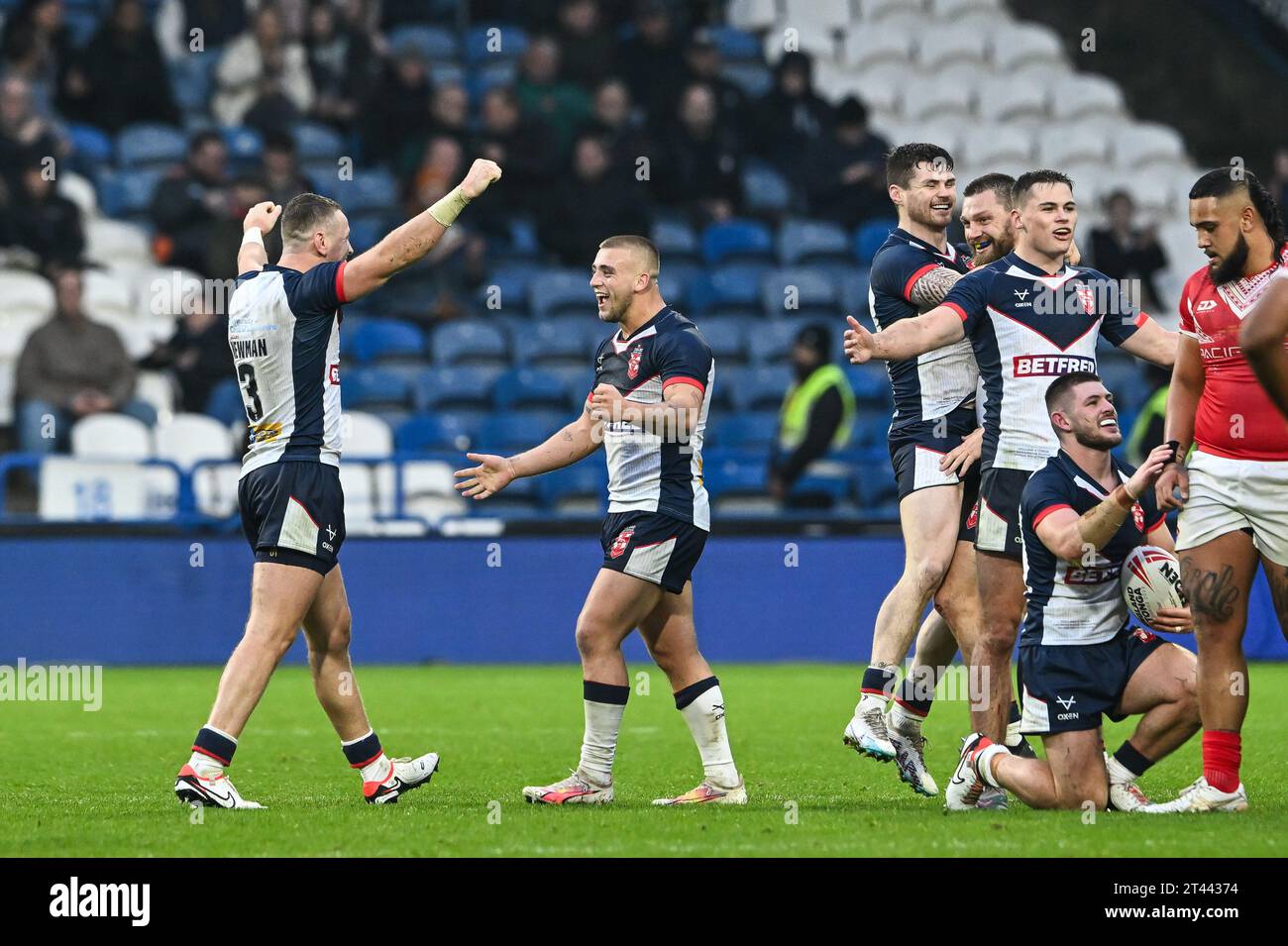 Mikey Lewis of England celebrates at the end of the Rugby League ...