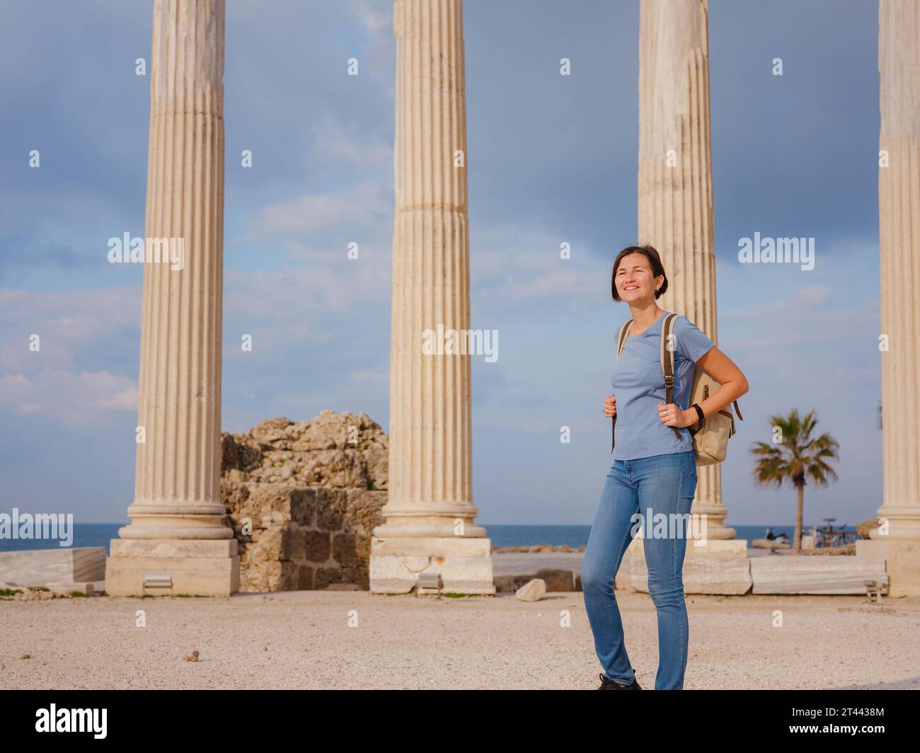 travel to ancient city of Side, Antalya coast of Turkey in tourist low ...