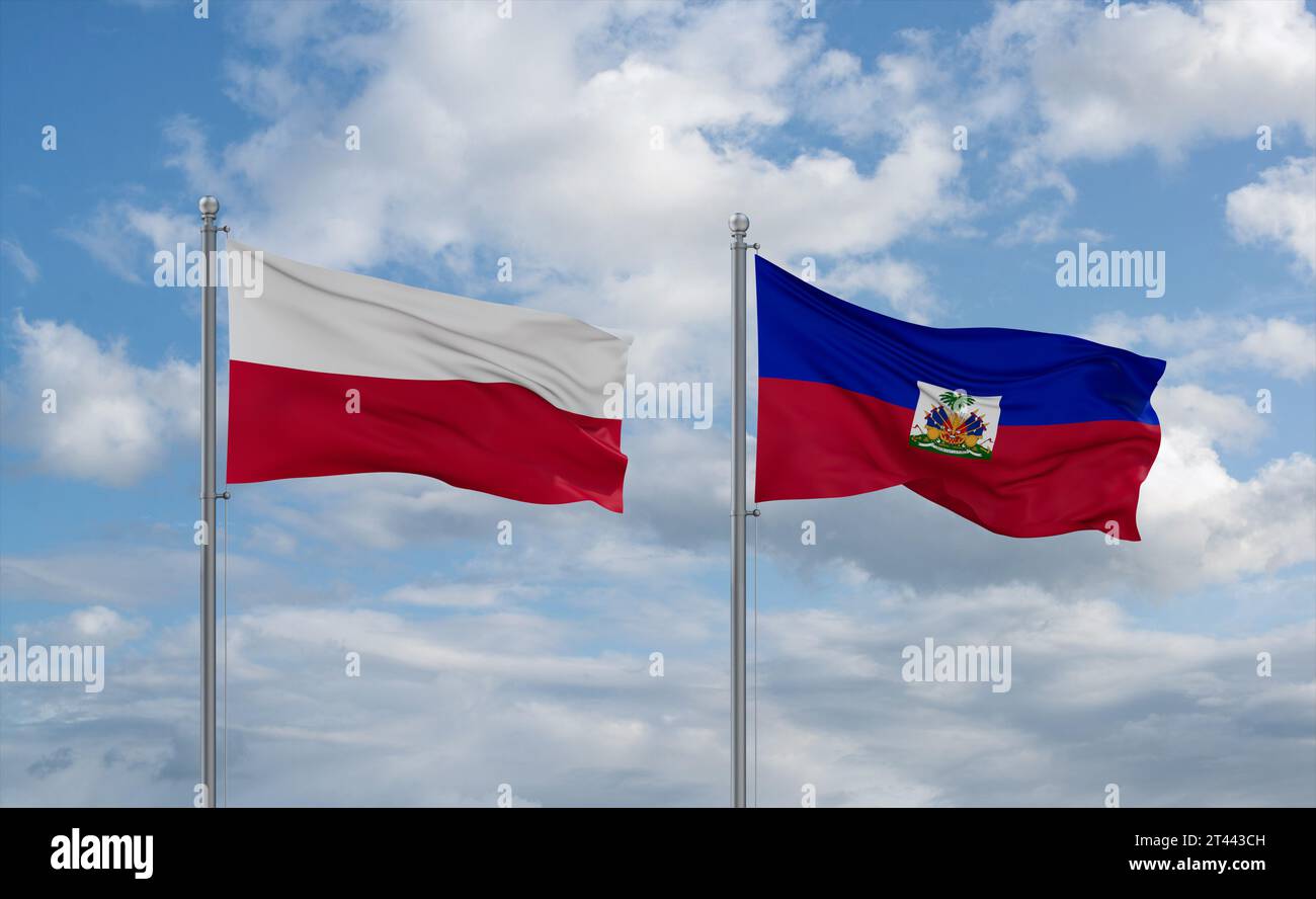 Haiti and Poland flags waving together on blue cloudy sky, two country ...