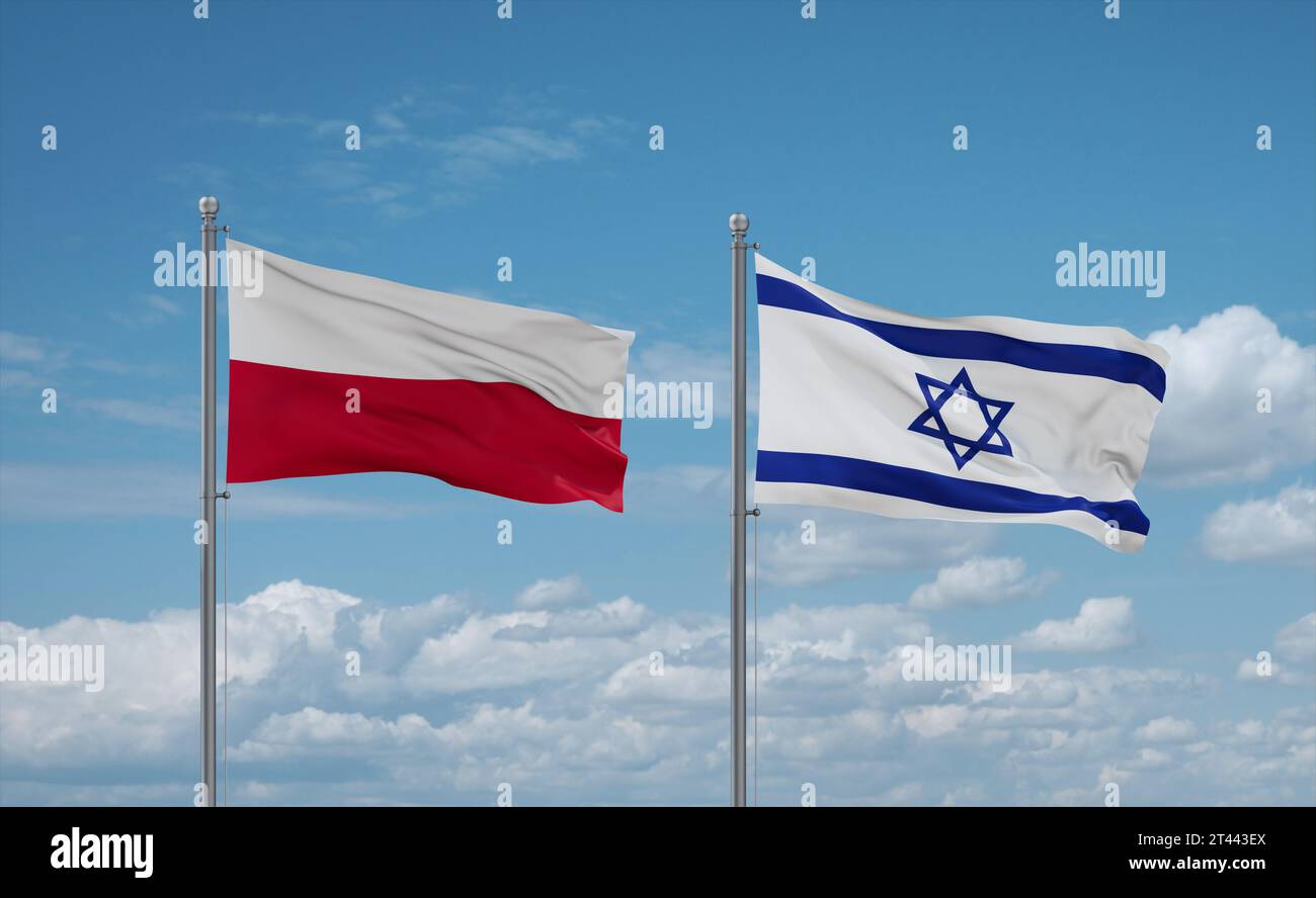 Israel and Poland flags waving together on blue cloudy sky, two country ...