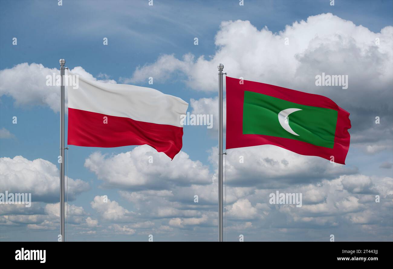 Maldives and Poland flags waving together on blue cloudy sky, two country relationship concept ...