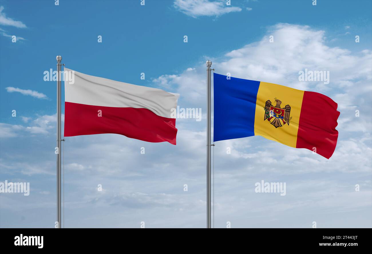 Moldova and Poland flags waving together in the wind on blue cloudy sky, two country ...