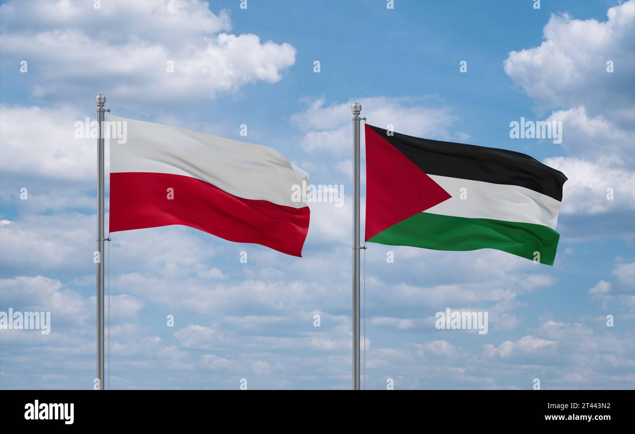 Palestine and Gaza Strip and Poland flags waving together on blue ...