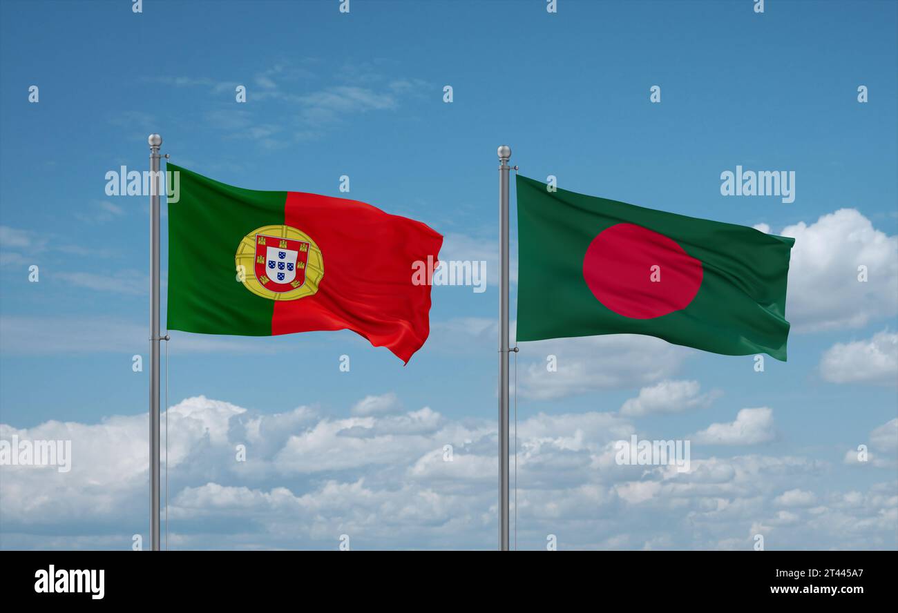Bangladesh and Portugal flags waving together on blue cloudy sky, two country relationship ...