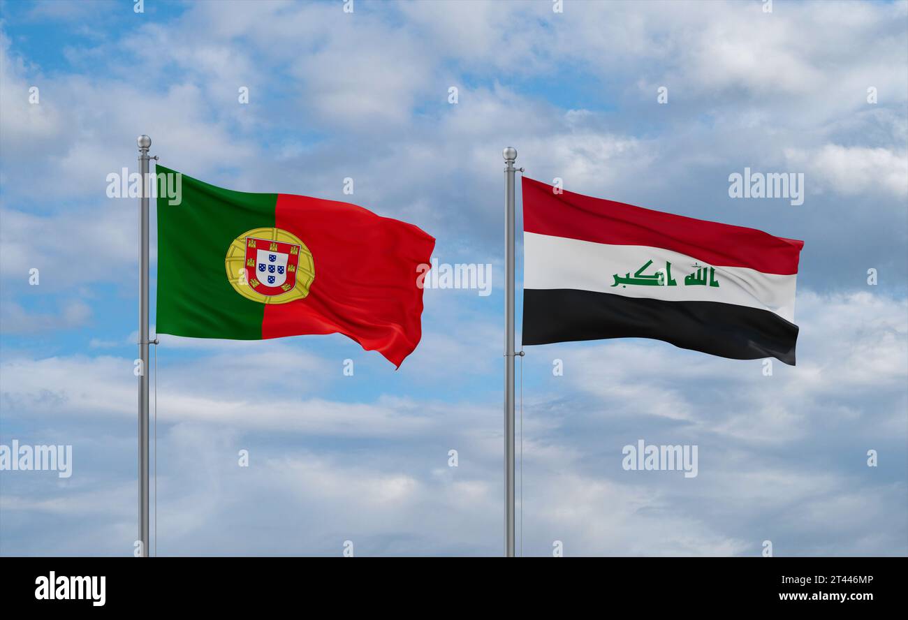 Iraq and Portugal flags waving together on blue cloudy sky Stock Photo ...