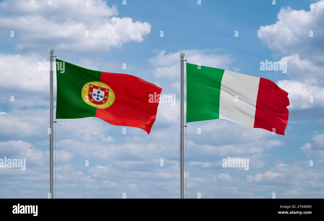 Italy and Portugal flags waving together in the wind on blue cloudy sky, two country ...