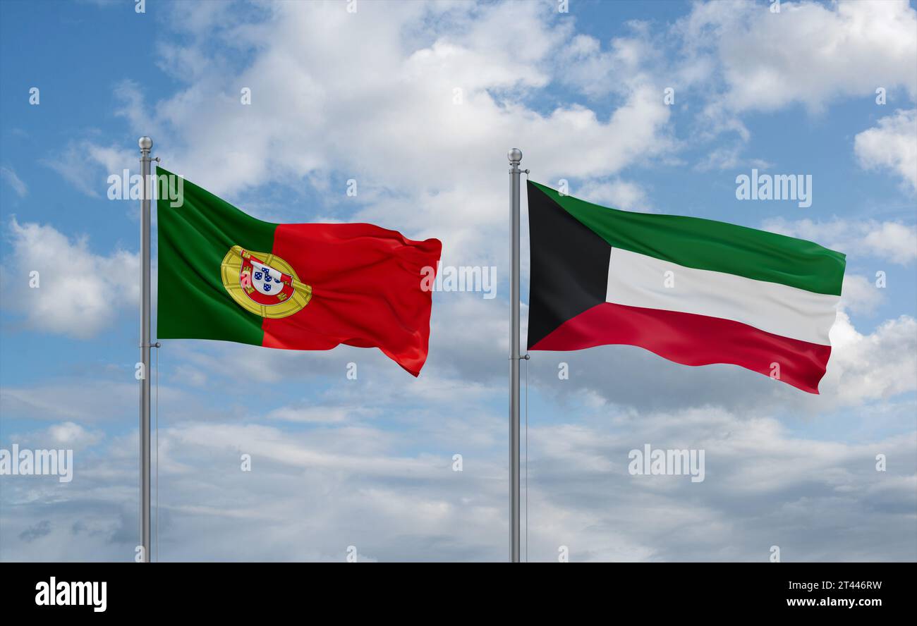 Kuwait and Portugal flags waving together in the wind on blue cloudy sky, two country ...