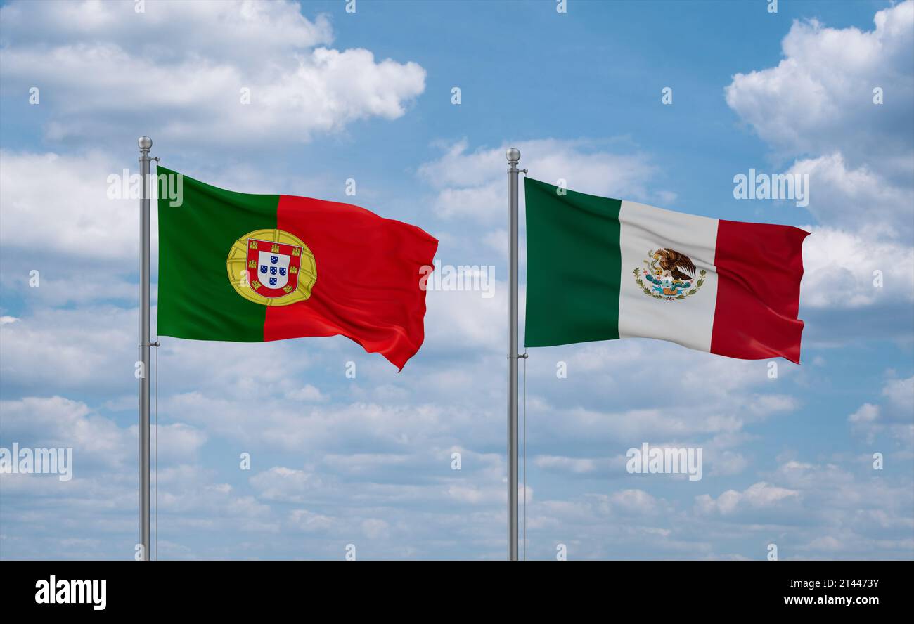 Mexico and Portugal flags waving together on blue cloudy sky, two ...