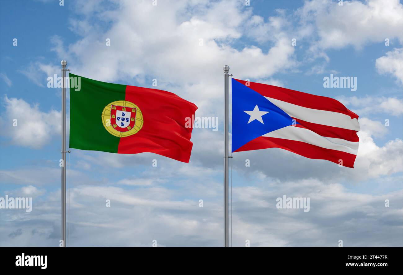 Puerto Rico and Portugal flags waving together in the wind on blue cloudy sky, two country ...