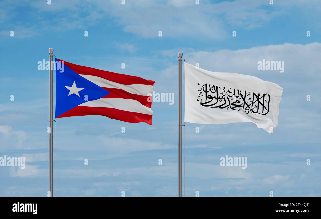 Puerto Rico and Afghanistan flags waving together in the wind on blue ...