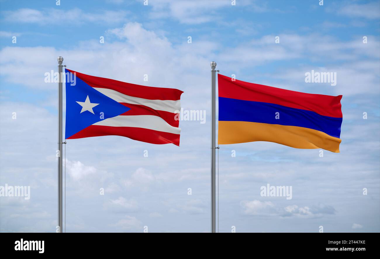 Armenia and Puerto Rico flags waving together in the wind on blue cloudy sky, two country ...