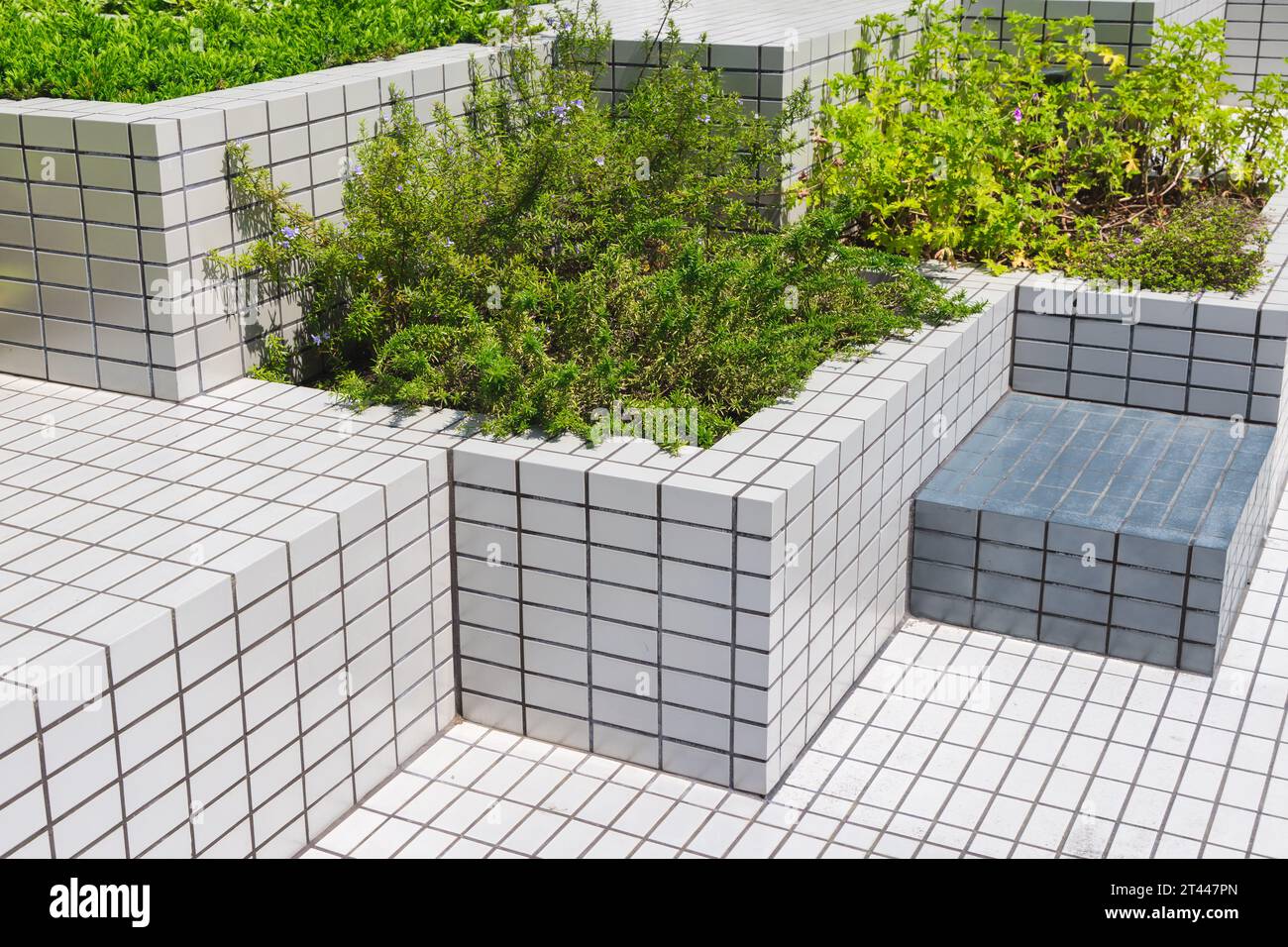 picture of tiled bench installation with plant decorations in public ...
