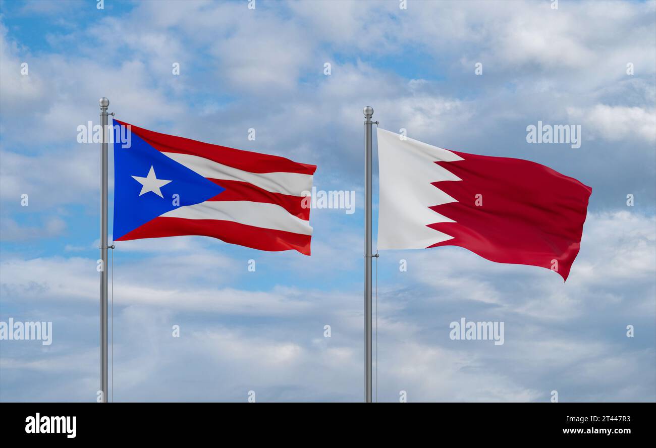 Bahrain and Puerto Rico flags waving together on blue cloudy sky, two country relationship ...