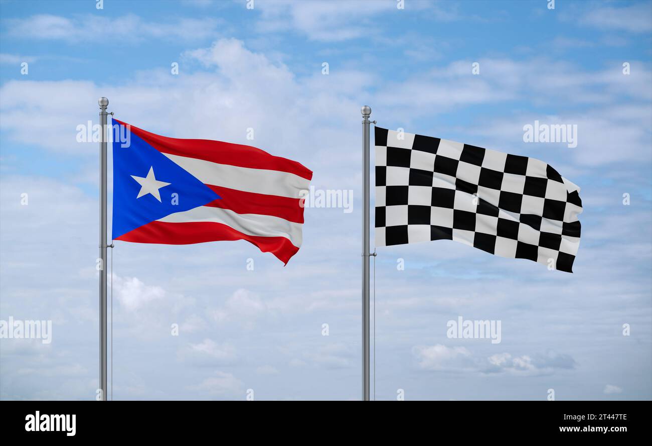 Checkered racing and Puerto Rico flags waving together on blue cloudy ...