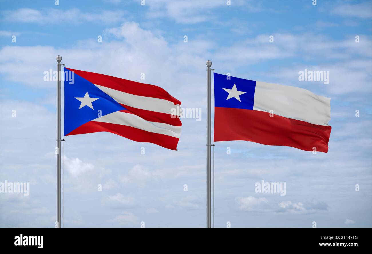 Chile and Puerto Rico flags waving together on blue cloudy sky, two country relationship concept ...