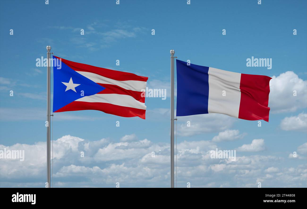Puerto Rico and France flags waving together on blue cloudy sky, two country relationship ...