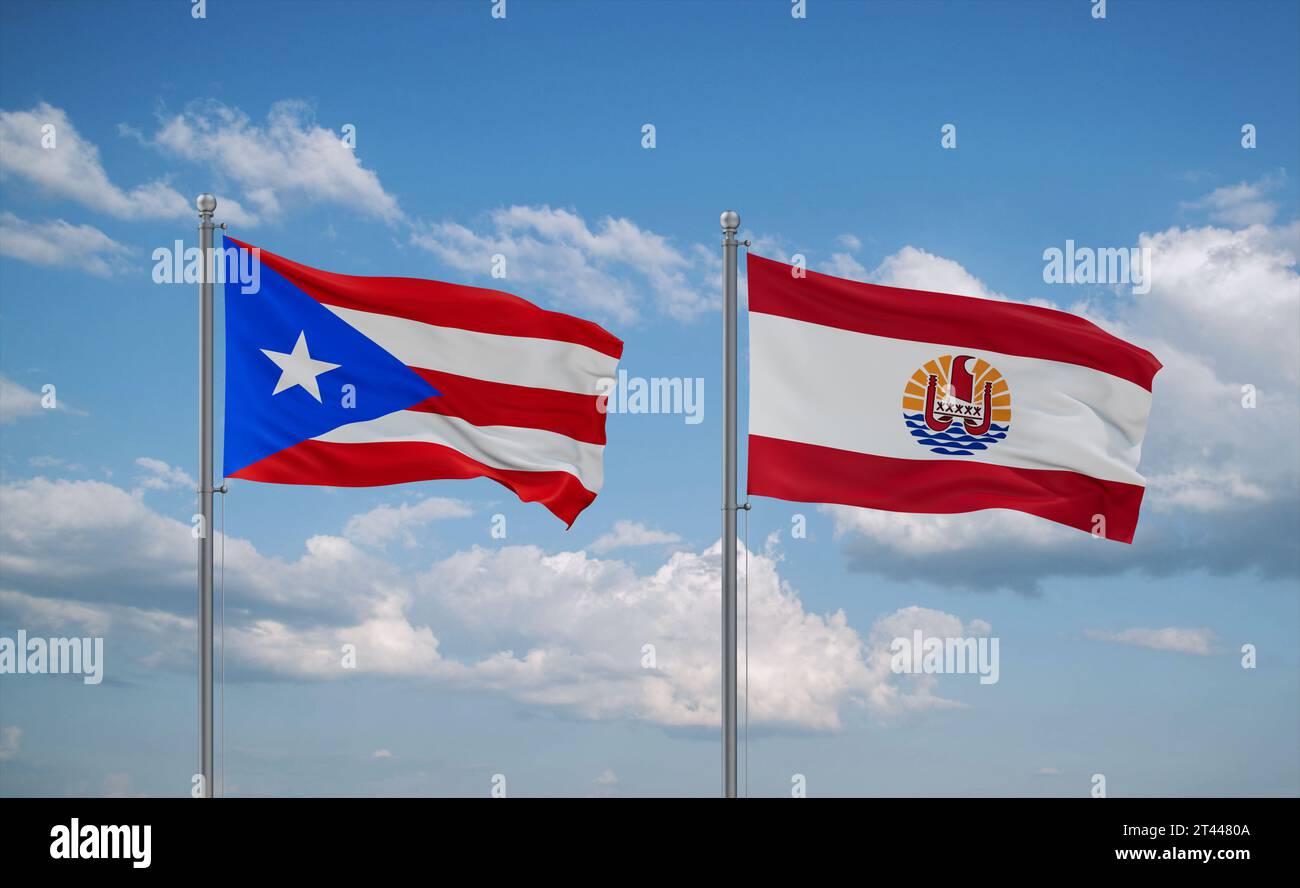Puerto Rico and French Polynesia flags waving together on blue cloudy ...