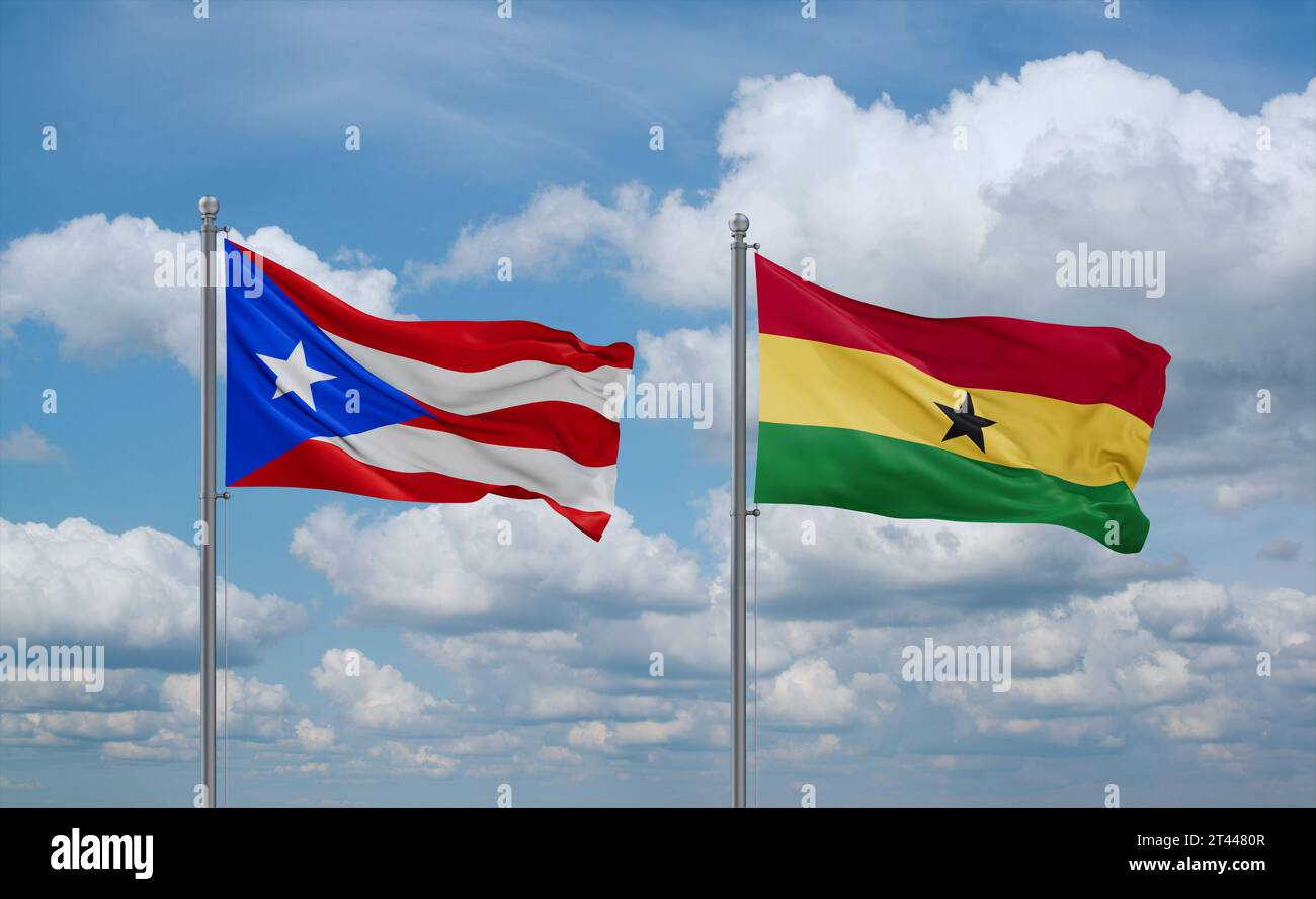 Ghana and Puerto Rico flags waving together on blue cloudy sky, two ...