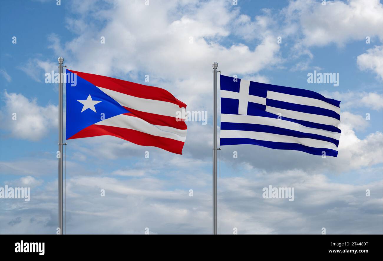 Greece and Puerto Rico flags waving together on blue cloudy sky, two ...