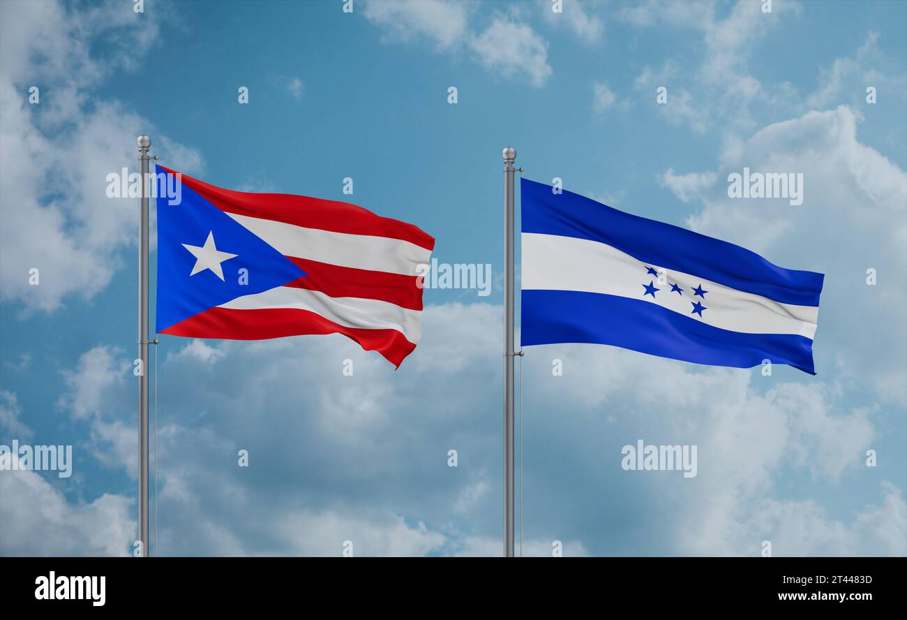 Honduras and Puerto Rico flags waving together in the wind on blue cloudy sky, two country ...
