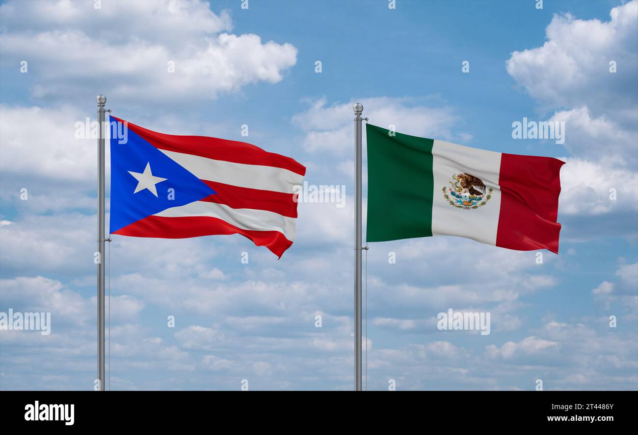 Mexico and Puerto Rico flags waving together on blue cloudy sky, two country relationship ...