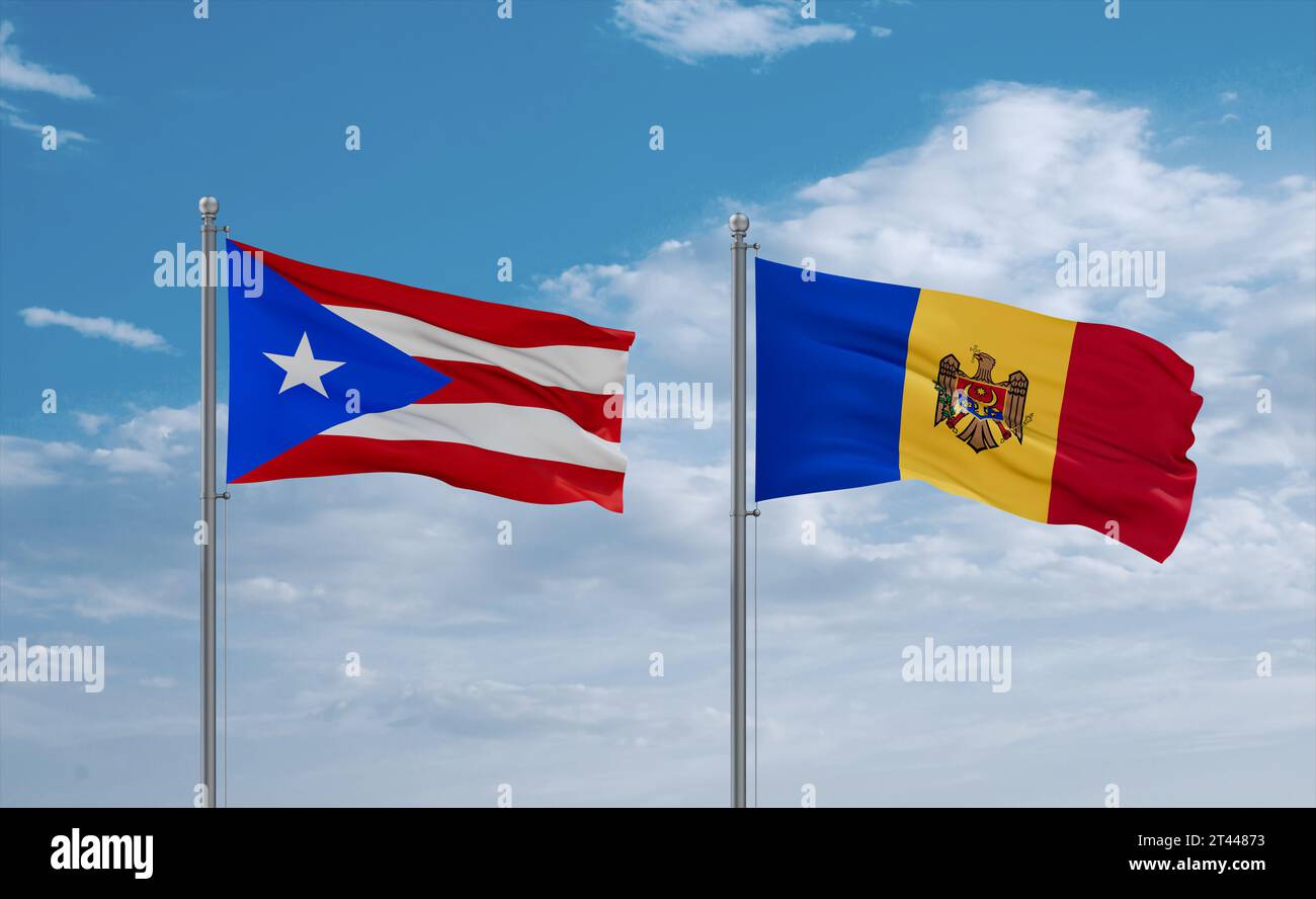 Moldova and Puerto Rico flags waving together in the wind on blue ...