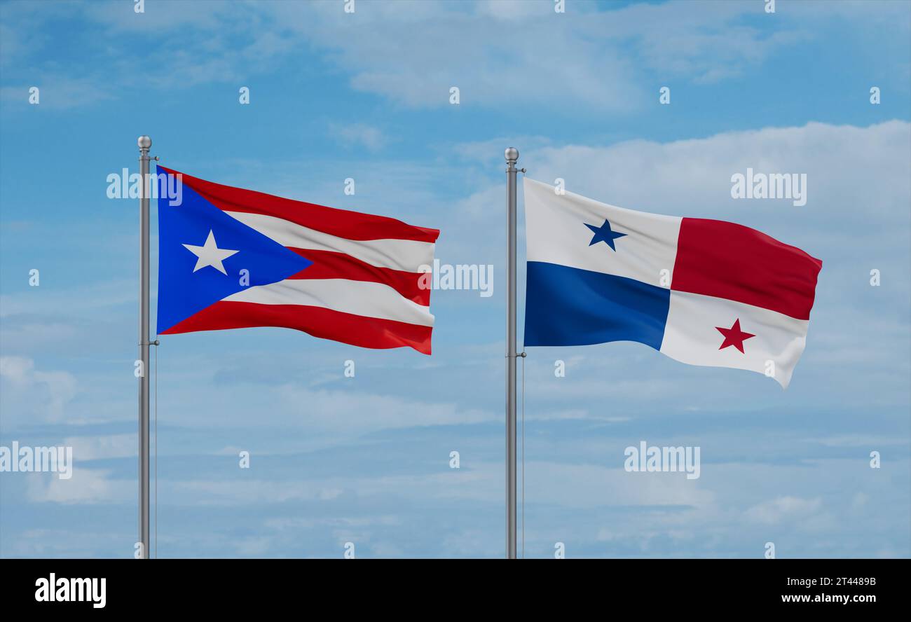Panama and Puerto Rico flags waving together on blue cloudy sky, two country relationship ...