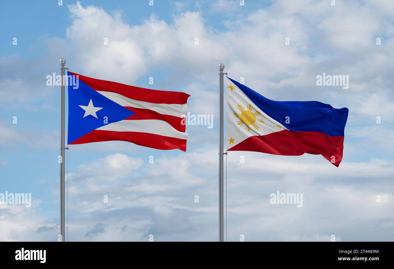 Philippines and Puerto Rico flags waving together in the wind on blue cloudy sky, two country ...