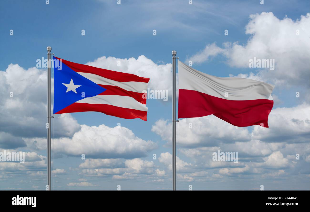 Poland and Puerto Rico flags waving together in the wind on blue cloudy sky, two country ...
