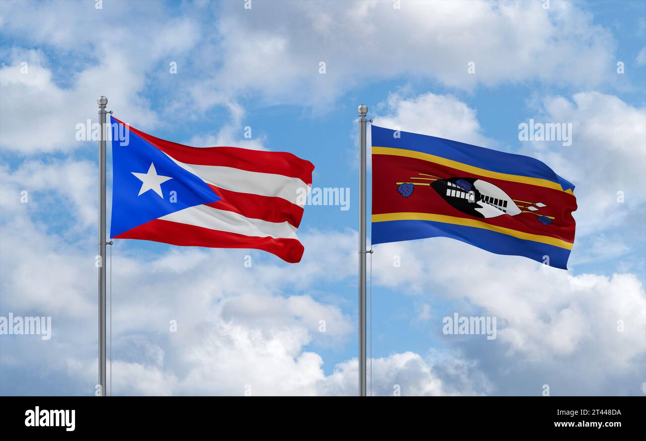 Eswatini formerly Swaziland and Puerto Rico flags waving together in the wind on blue cloudy sky ...