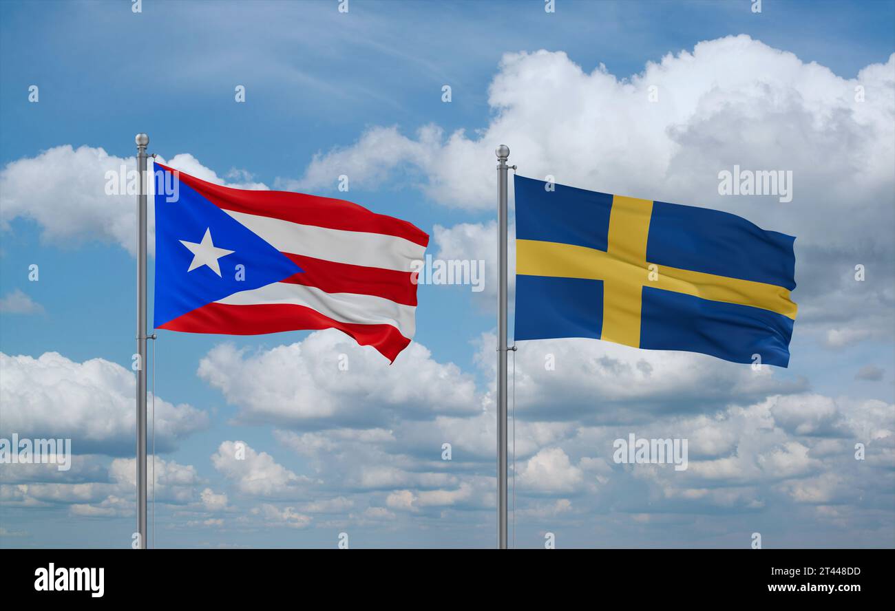 Sweden and Puerto Rico flags waving together in the wind on blue cloudy sky, two country ...
