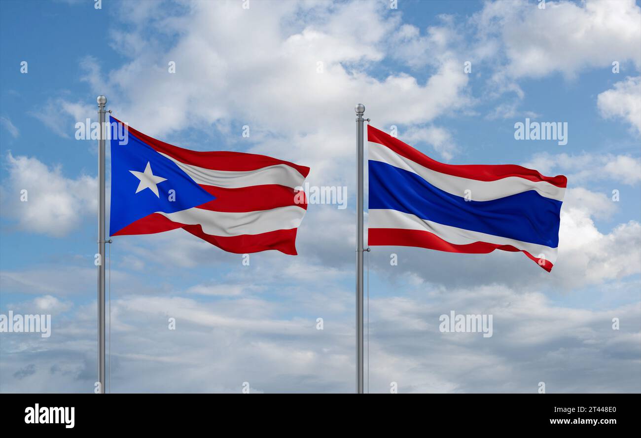 Kingdom of Thailand and Puerto Rico flags waving together in the wind ...