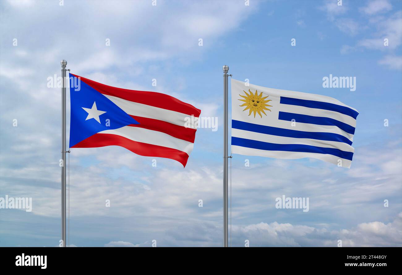 Uruguay and Puerto Rico flags waving together in the wind on blue cloudy sky, two country ...