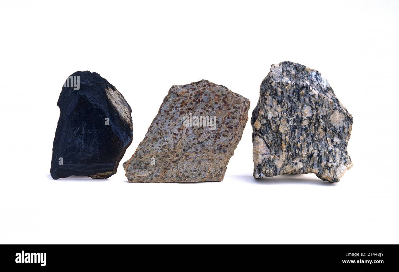 Three examples of metamorphic rocks, from left to right: slate, schist ...